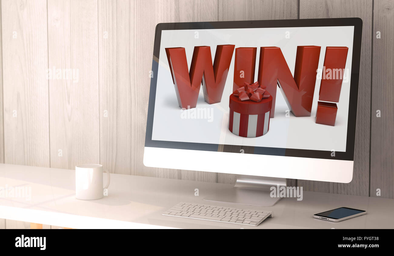 digital render generated workspace with win on the screen of computer and smartphone. All screen ...