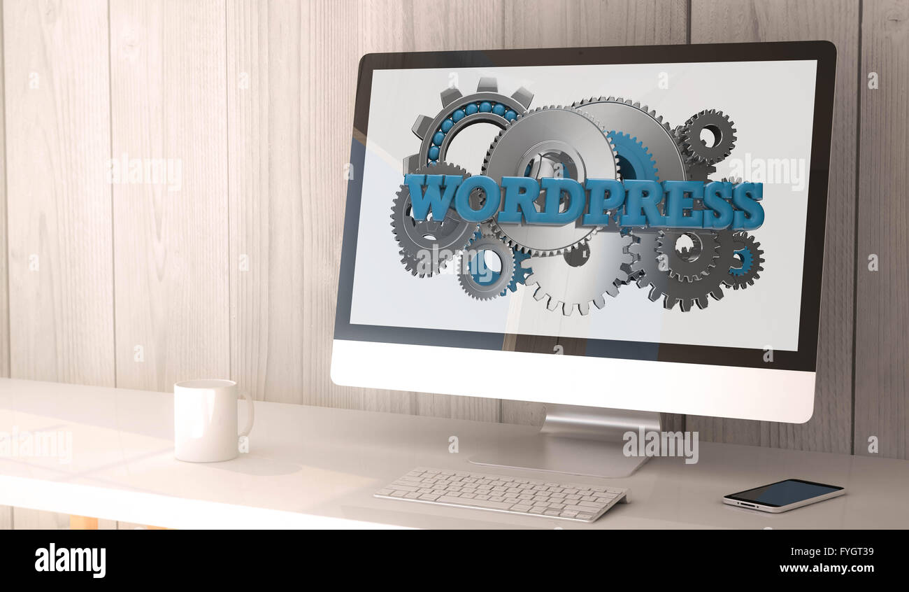 digital render generated workspace with computer and smartphone. Wordpress on screen. All screen ...