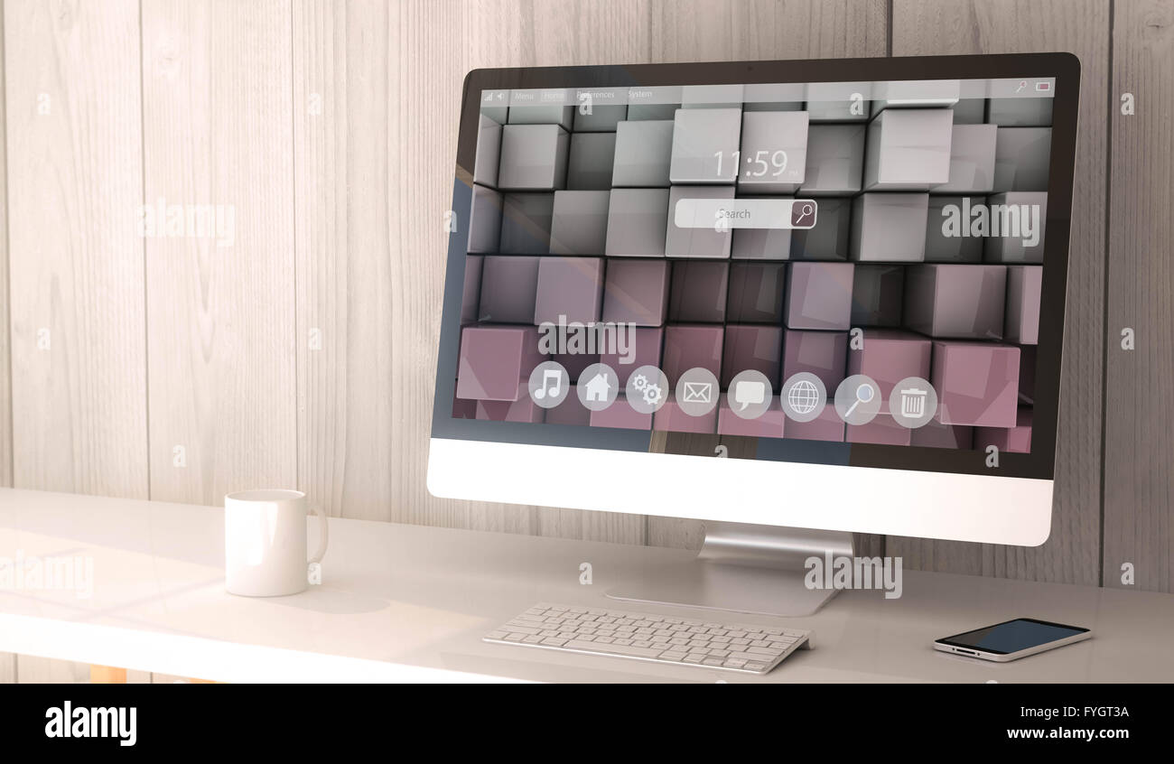 digital render generated workspace with computer and smartphone. All screen graphics are made up ...