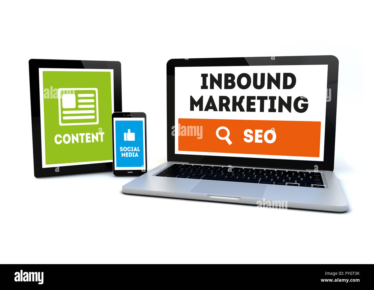 render of an smartphone, a tablet pc and a computer with inbound ...