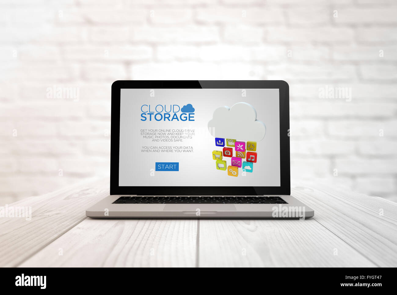 cloud data concept: digitally generated laptop on a wooden table with ...