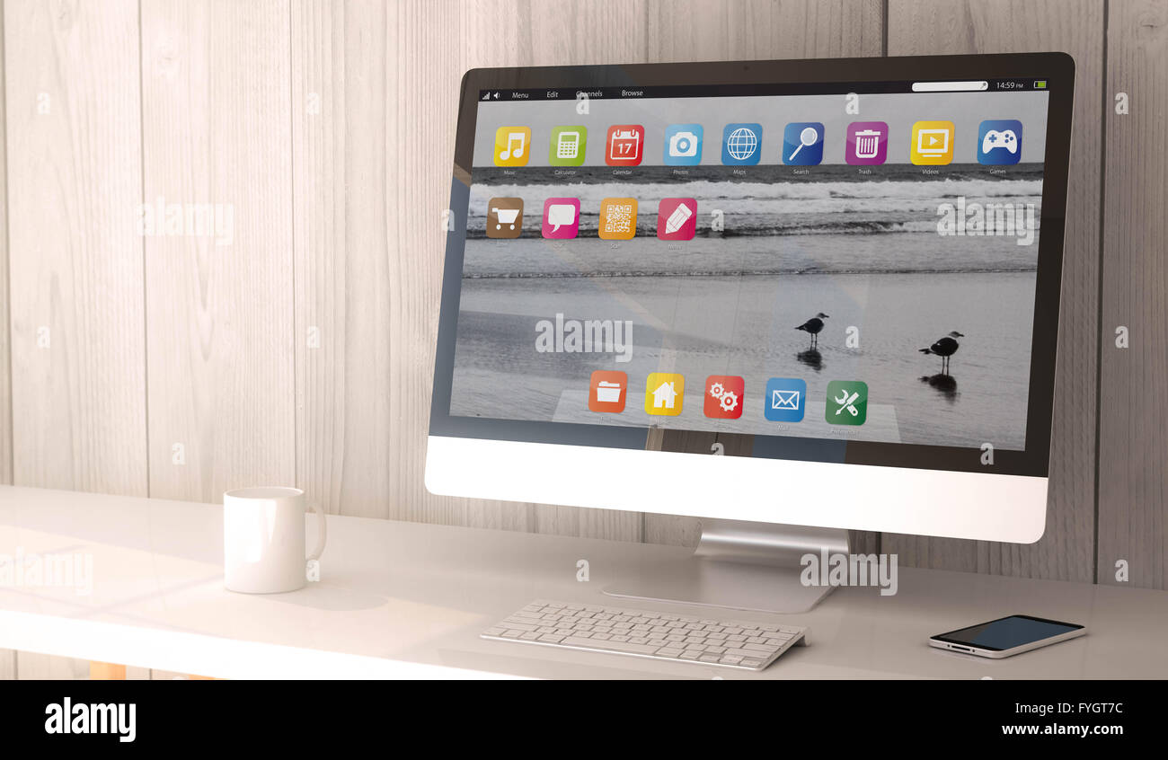 digital render generated workspace with computer and smartphone. All screen graphics are made up ...