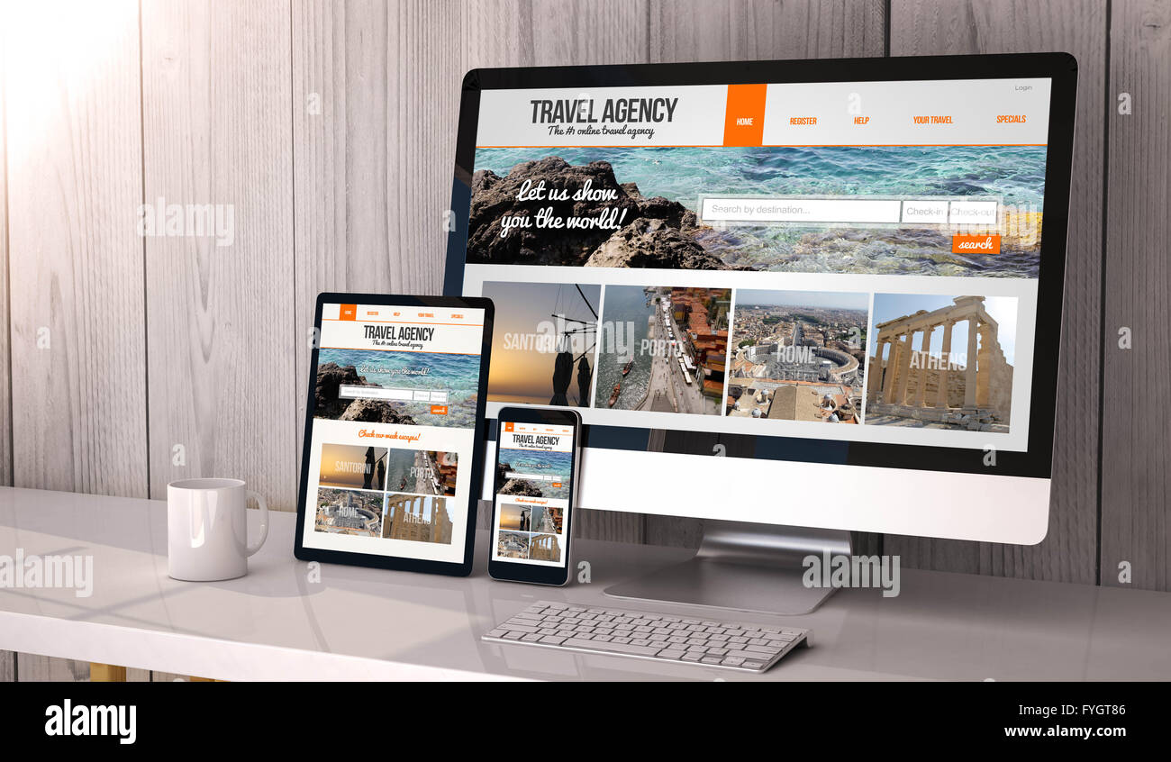 Digital generated devices on desktop, responsive blank mock-up with ...