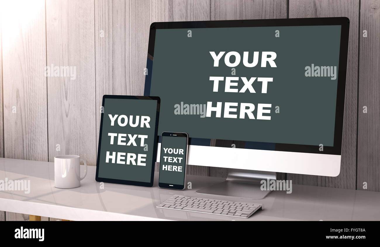 Digital generated devices on desktop, responsive blank mock-up with ...