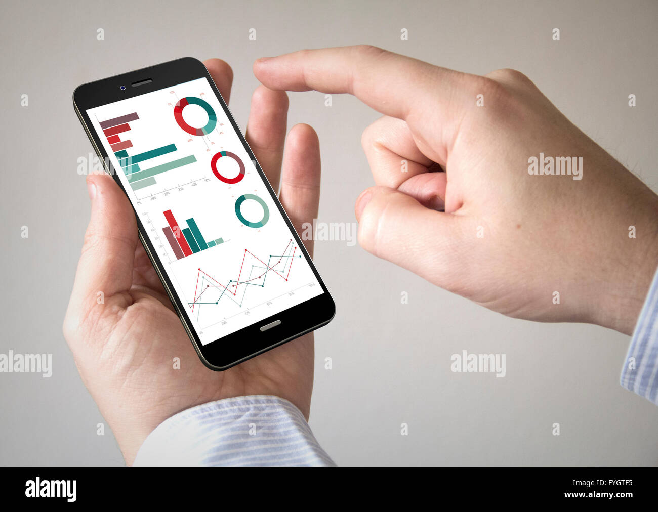 Close up of man using 3d generated mobile smart phone with marketing ...