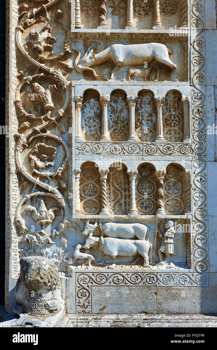 Sculptures on the 12th century Romanesque facade of the Chiesa di San ...