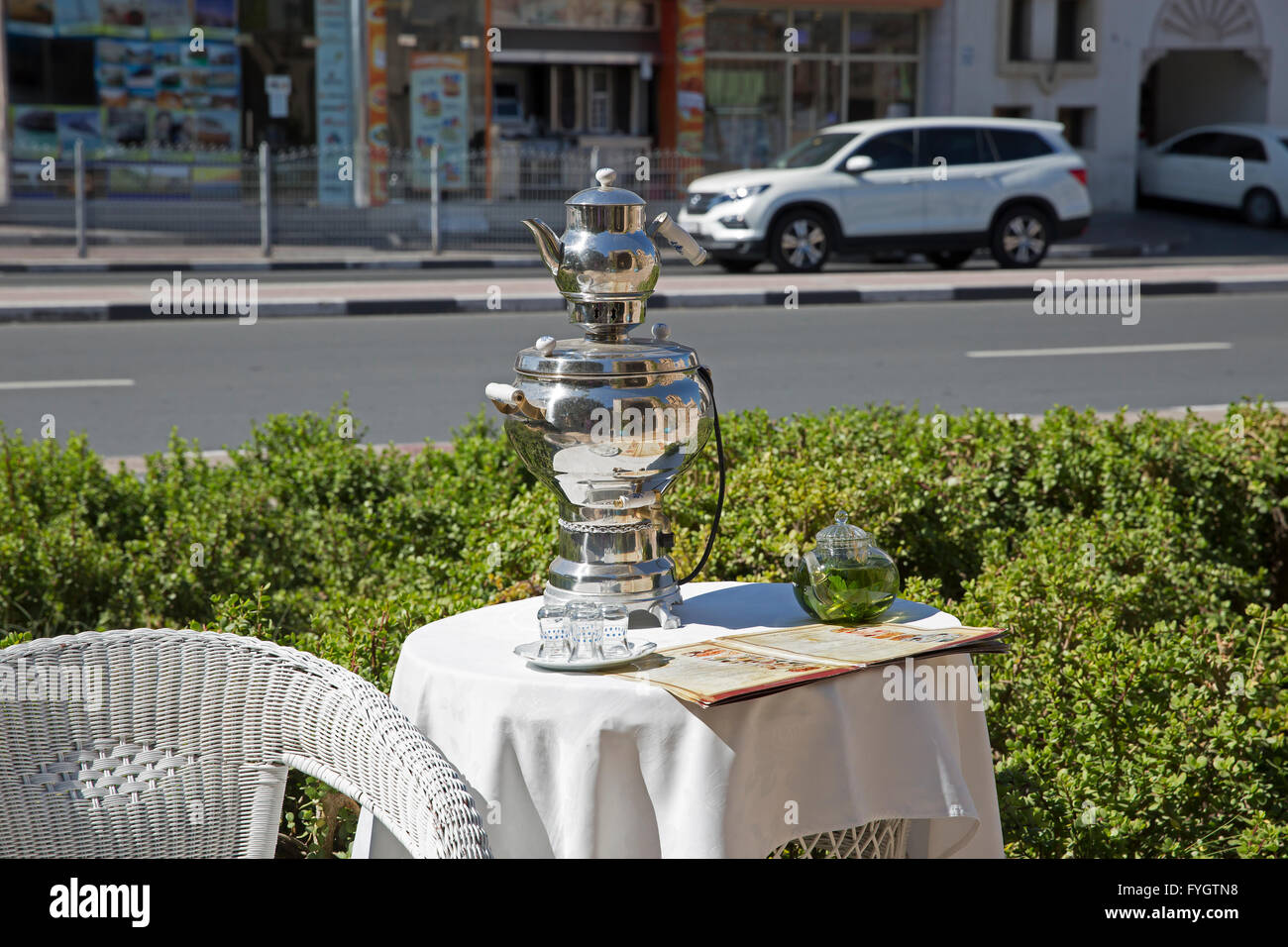 Shisha pipe on a table in the Sikka area, the oldest area, of Dubai UAE ...