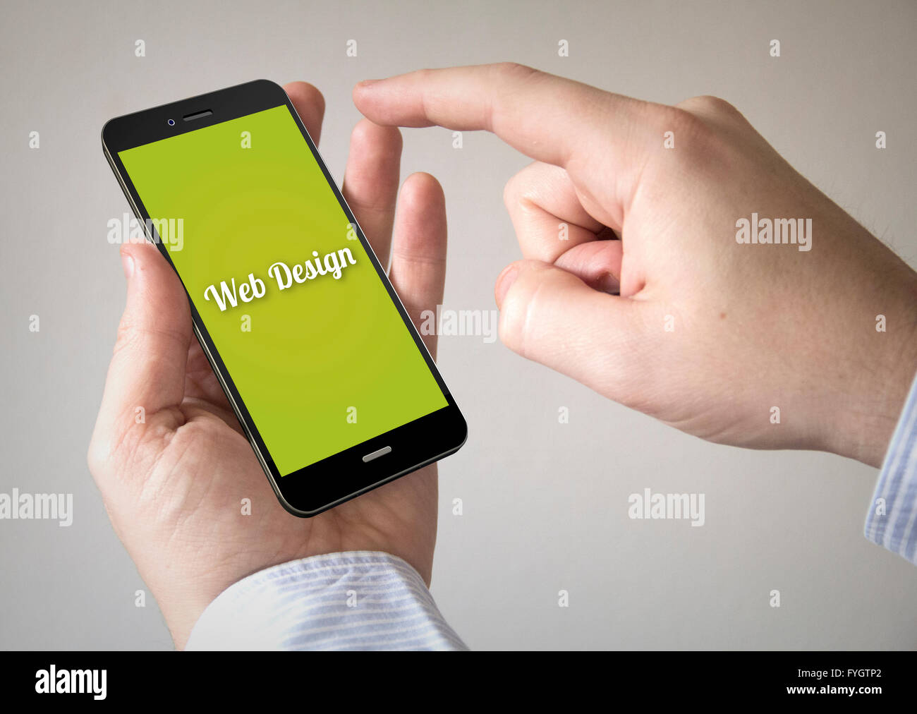 Close up of man using 3d generated mobile smart phone with web design ...