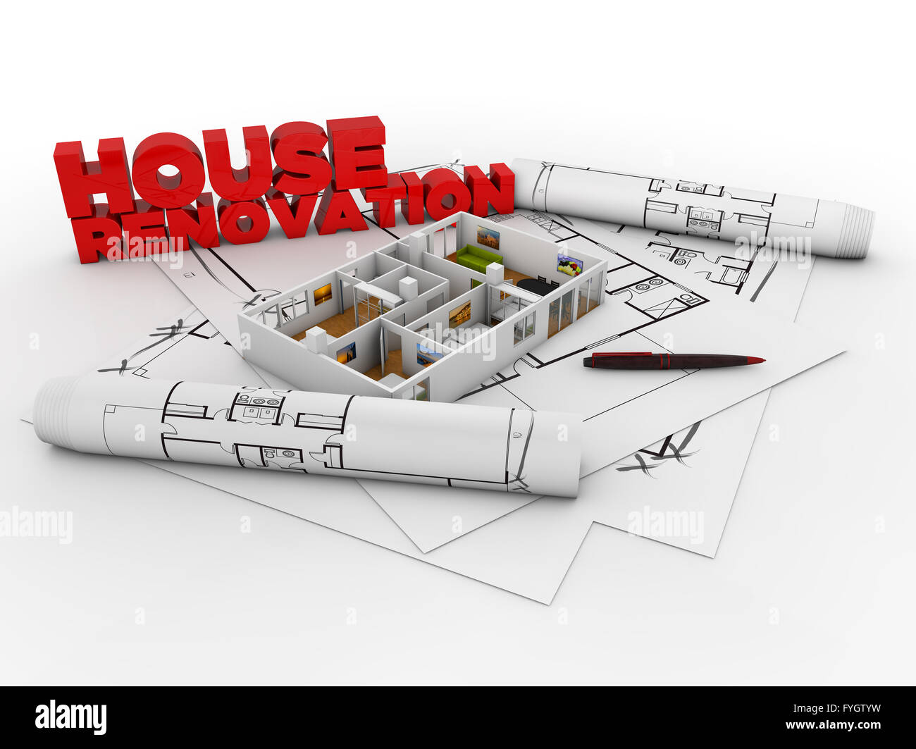 house renovation concept: house structure over plans and plots isolated ...
