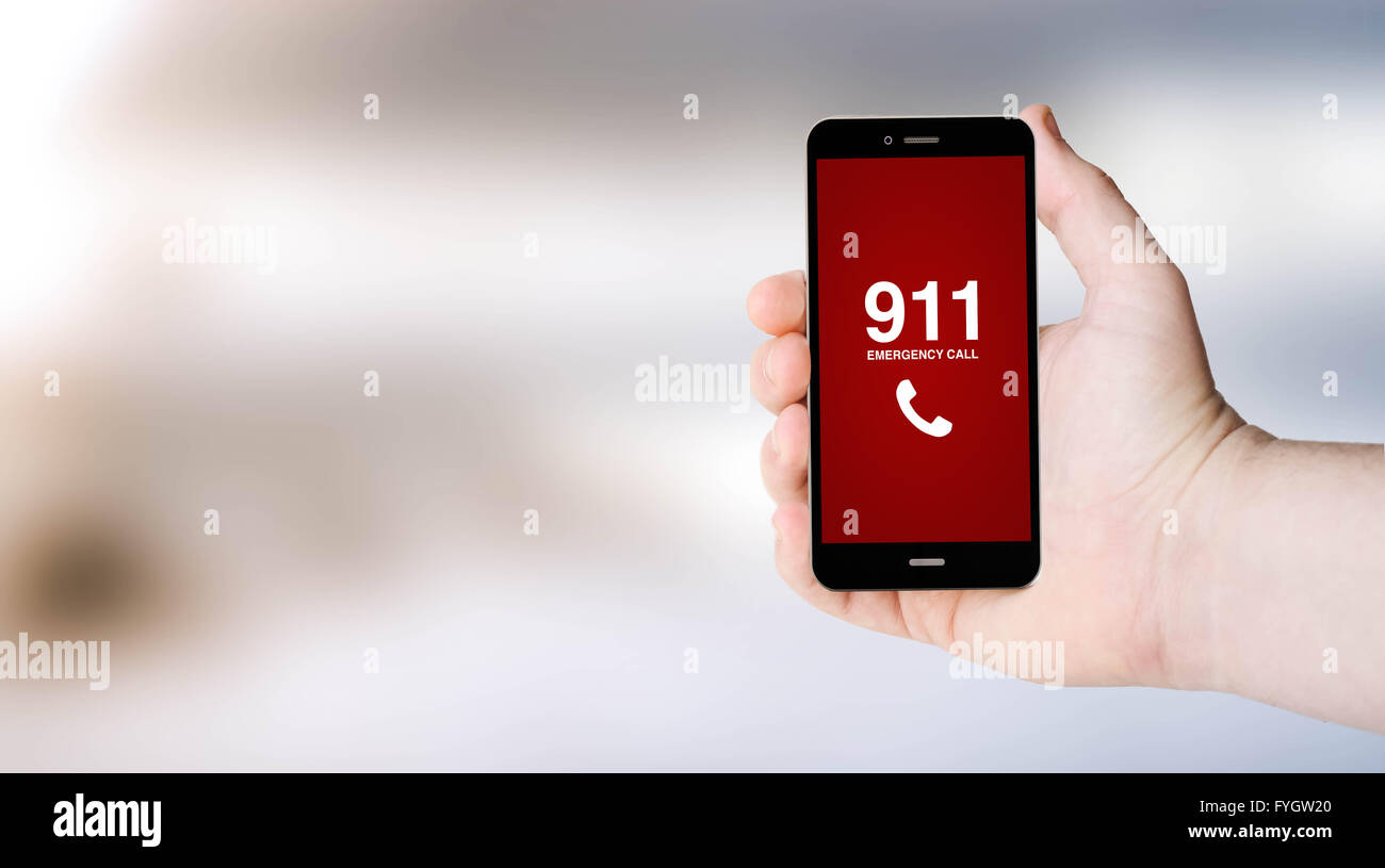 safety concept: 911 sign on digital generated phone screen with sea ...