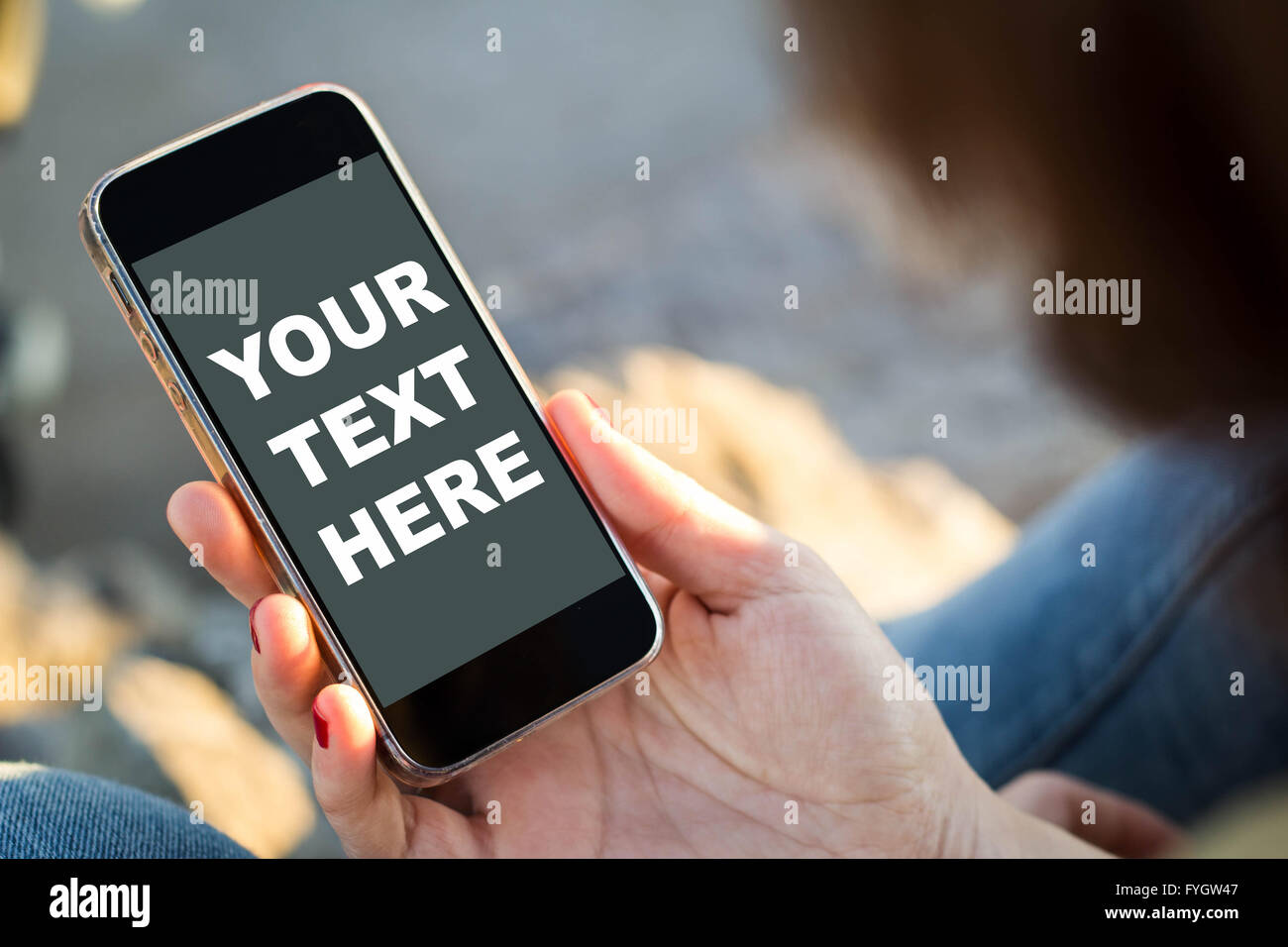close-up view of young woman checking her mobile phone. All screen ...