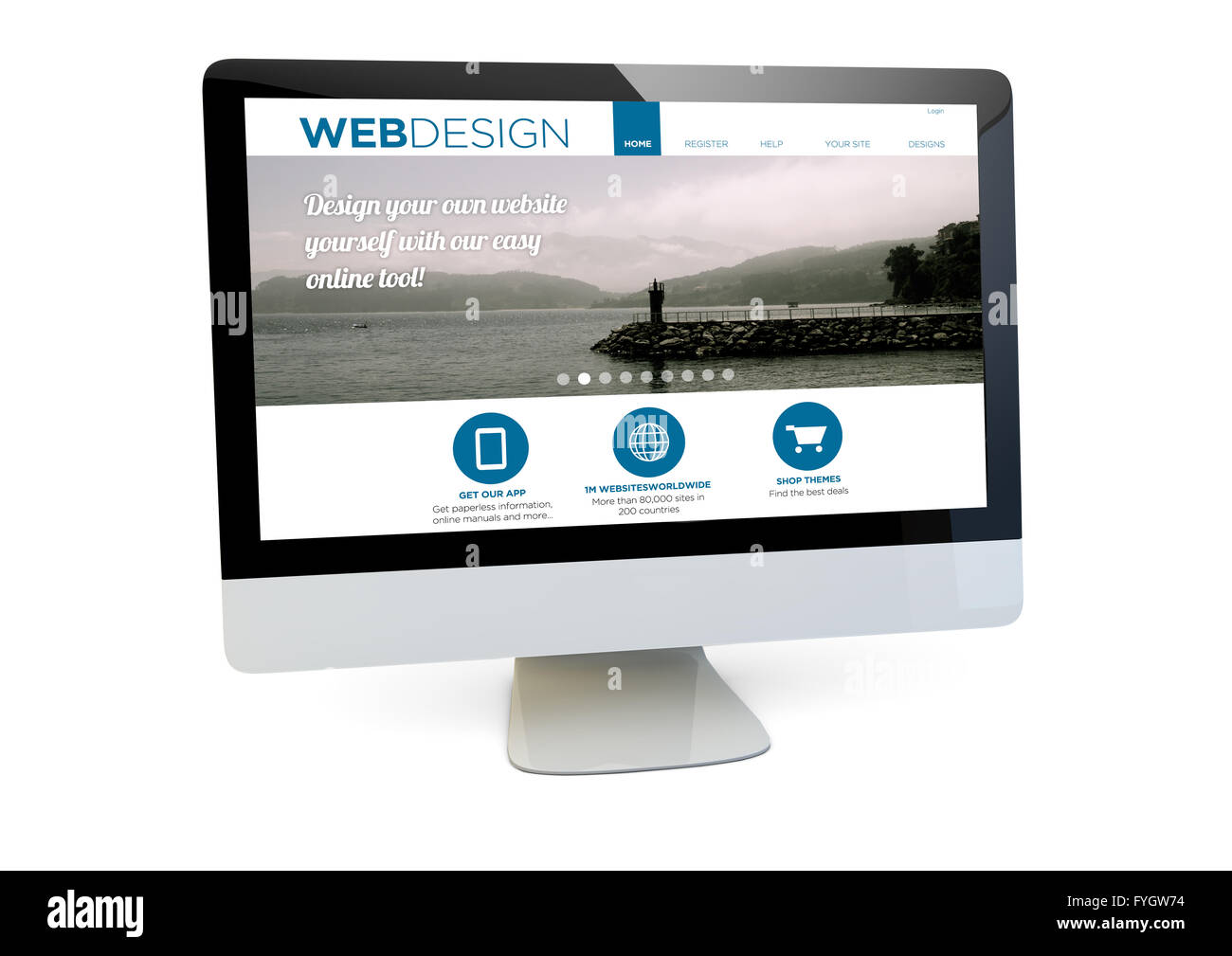 modern design online concept: render of a computer with webdesign on ...