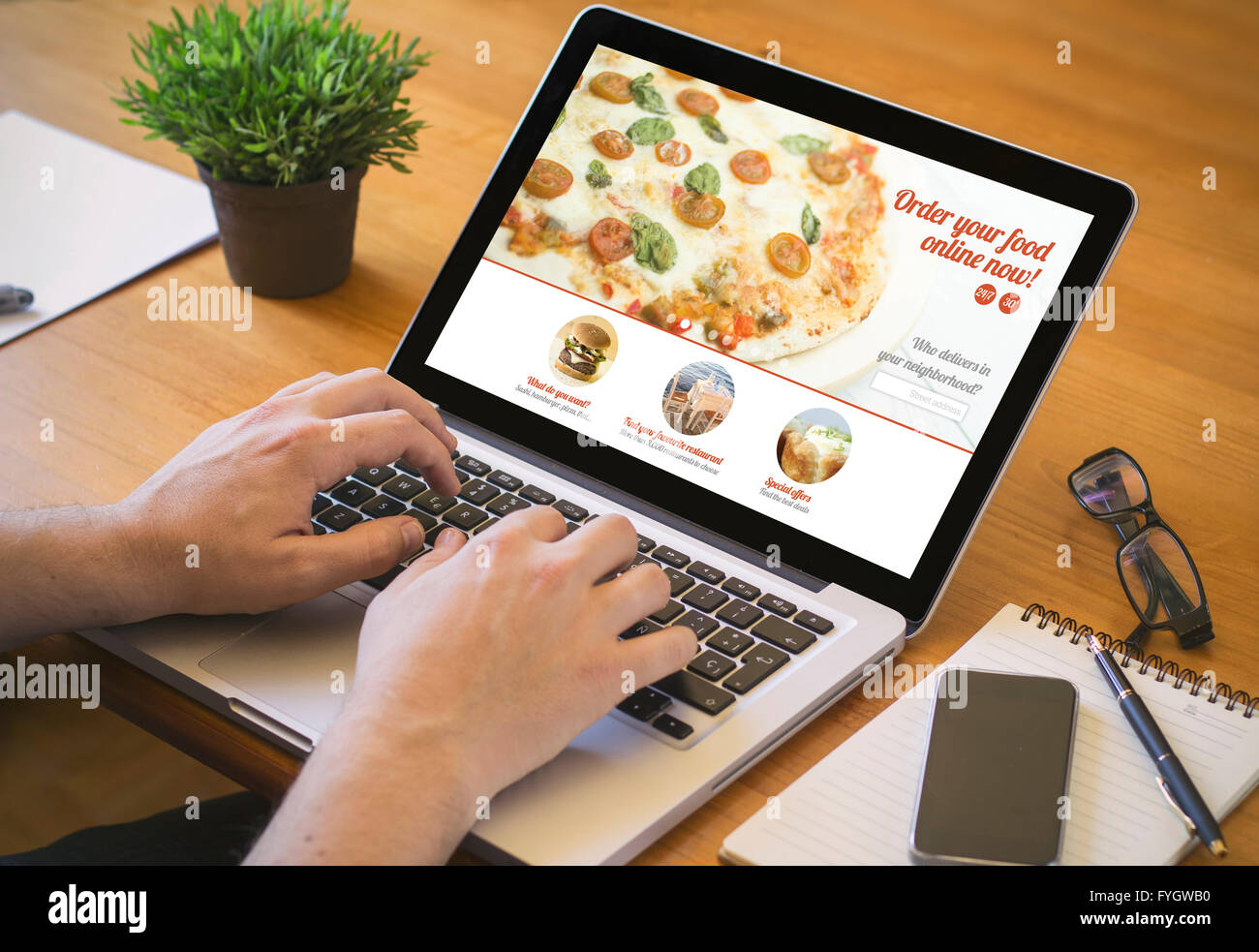 food order concept. Close-up top view of a coolhunter ordering pizza ...