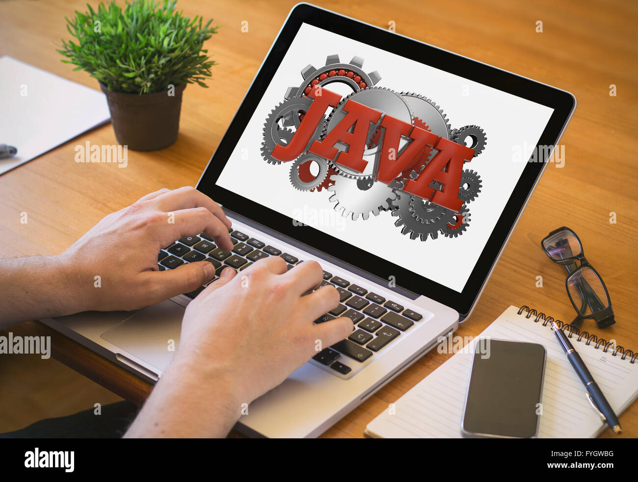 Developer or web designer at work. Close-up top view of man working on ...