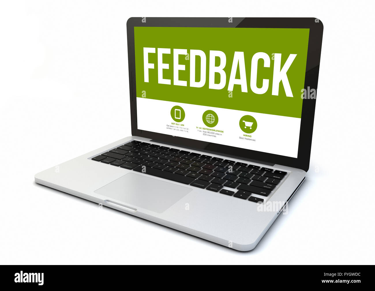 render of a 3d generated computer with feedback on the screen. Screen ...