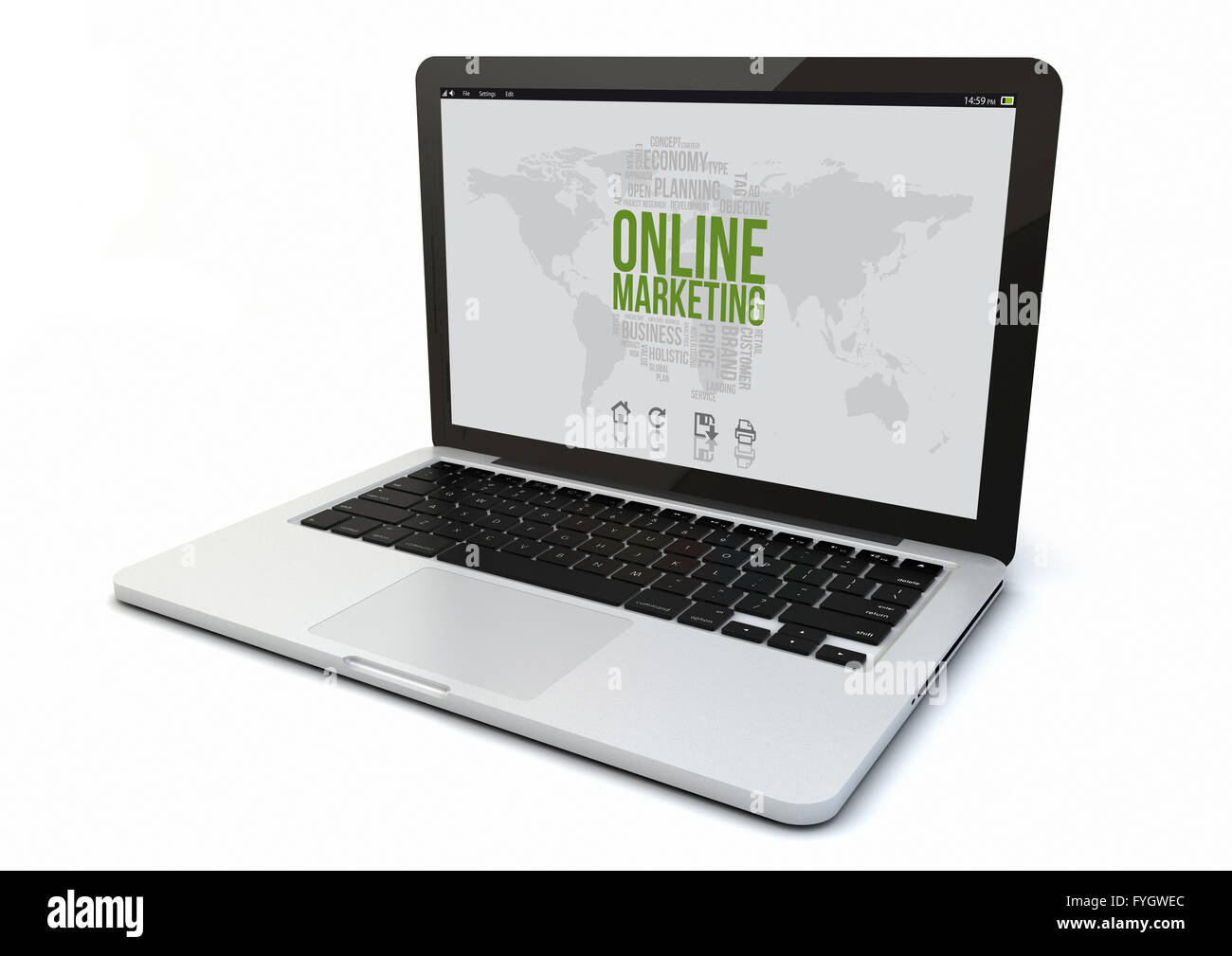 render of a 3d generated computer with online marketing on the screen ...