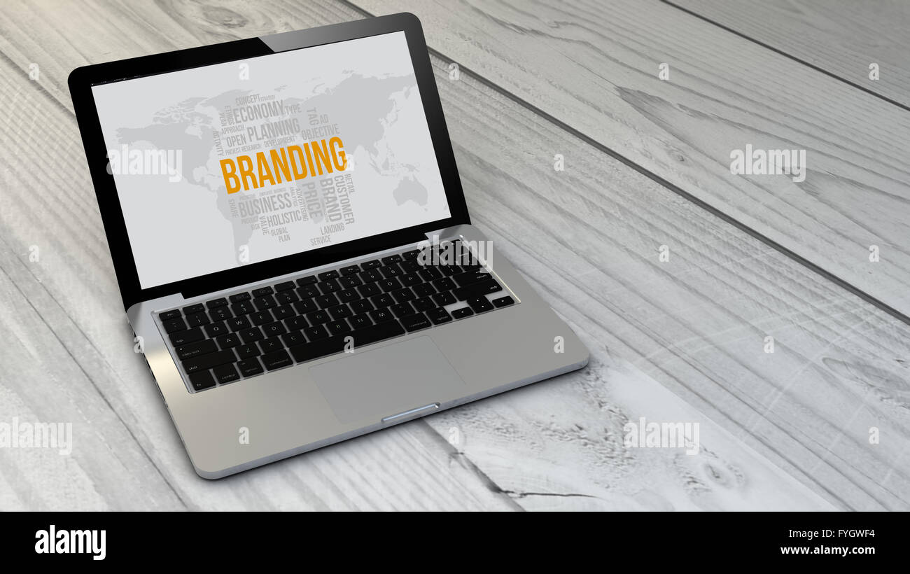digital generated branding computer over wooden table. Screen graphics ...