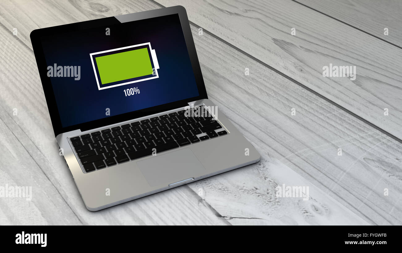 digital generated full battery computer over wooden table. Screen ...