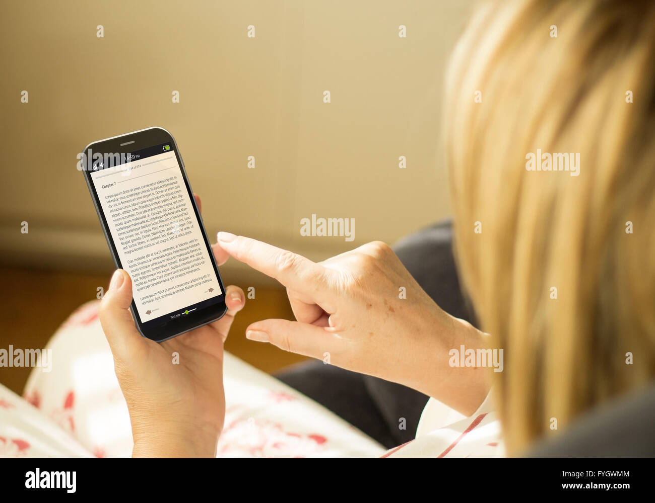 Mobile reading and literature library concept: woman reading book with ...