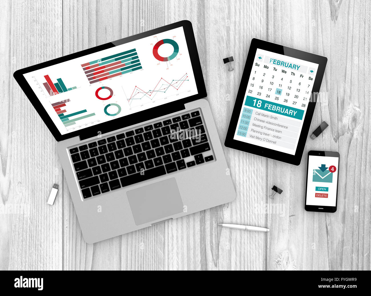 Concept of byod: productivity helped by laptop, tablet and smartphone ...