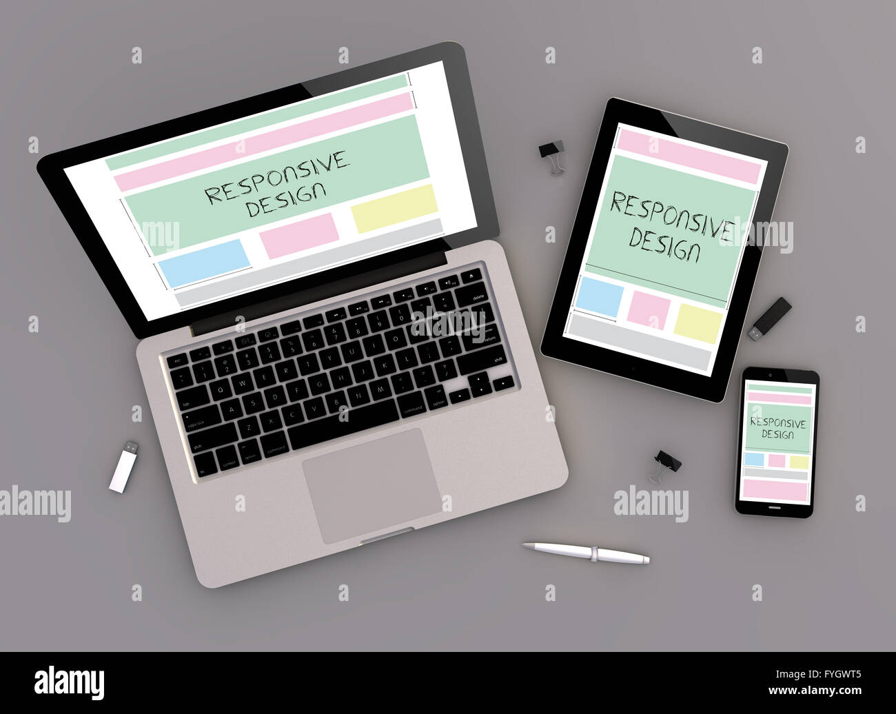 3d render of responsive design devices with laptop computer, tablet pc ...