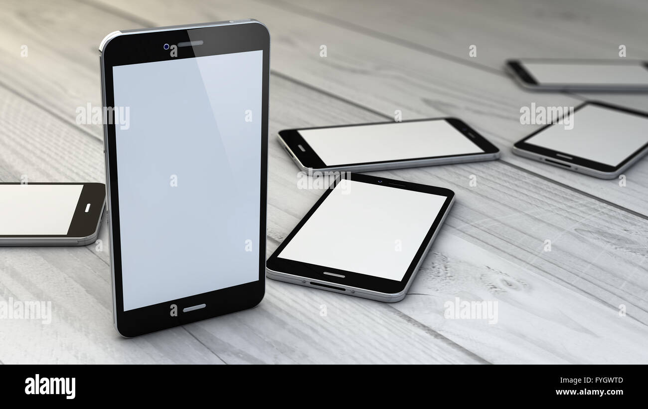 digital generated smartphones collection over white wooden background ...