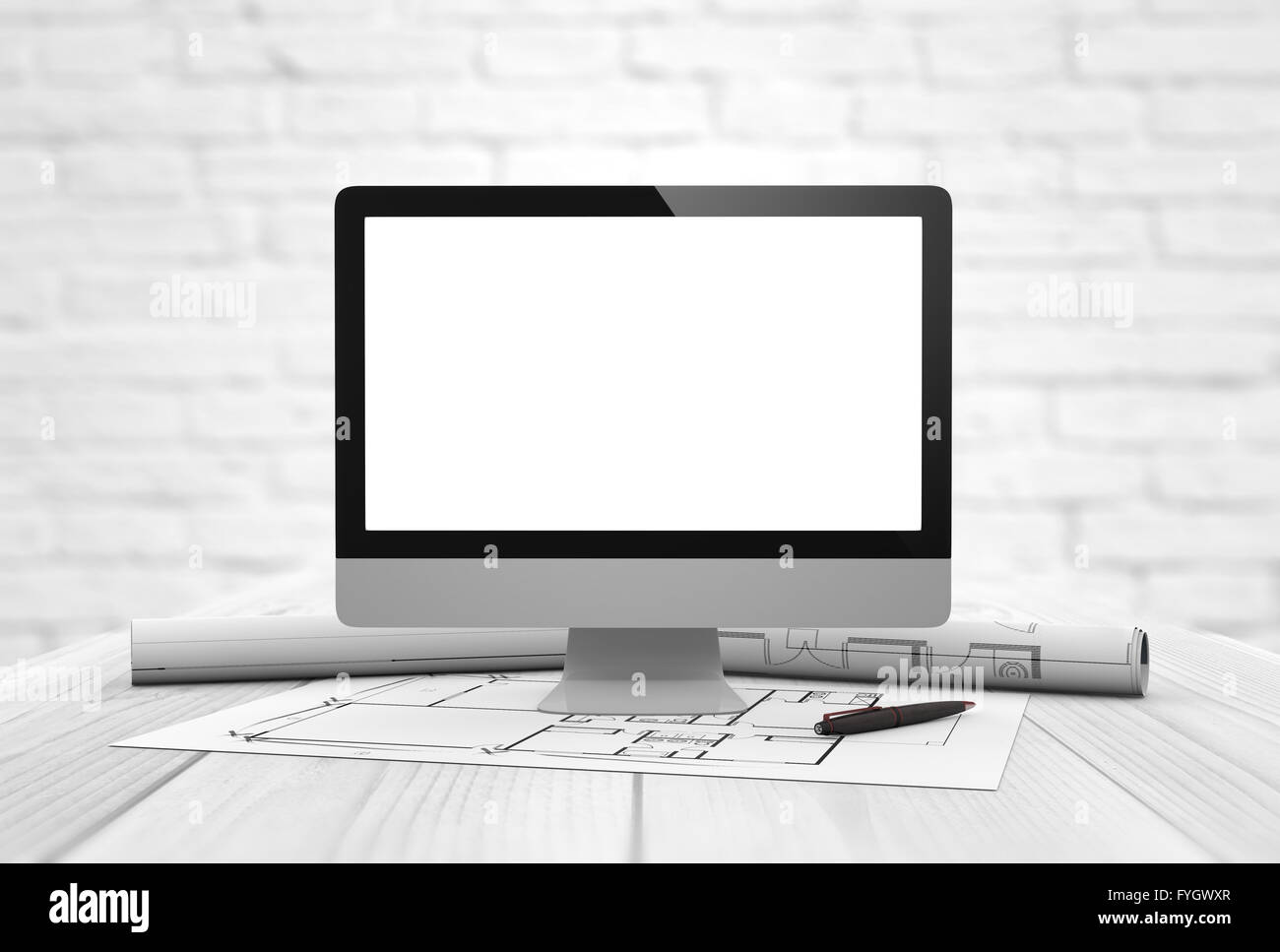 digital generated architect studio with blank screen computer and plots ...