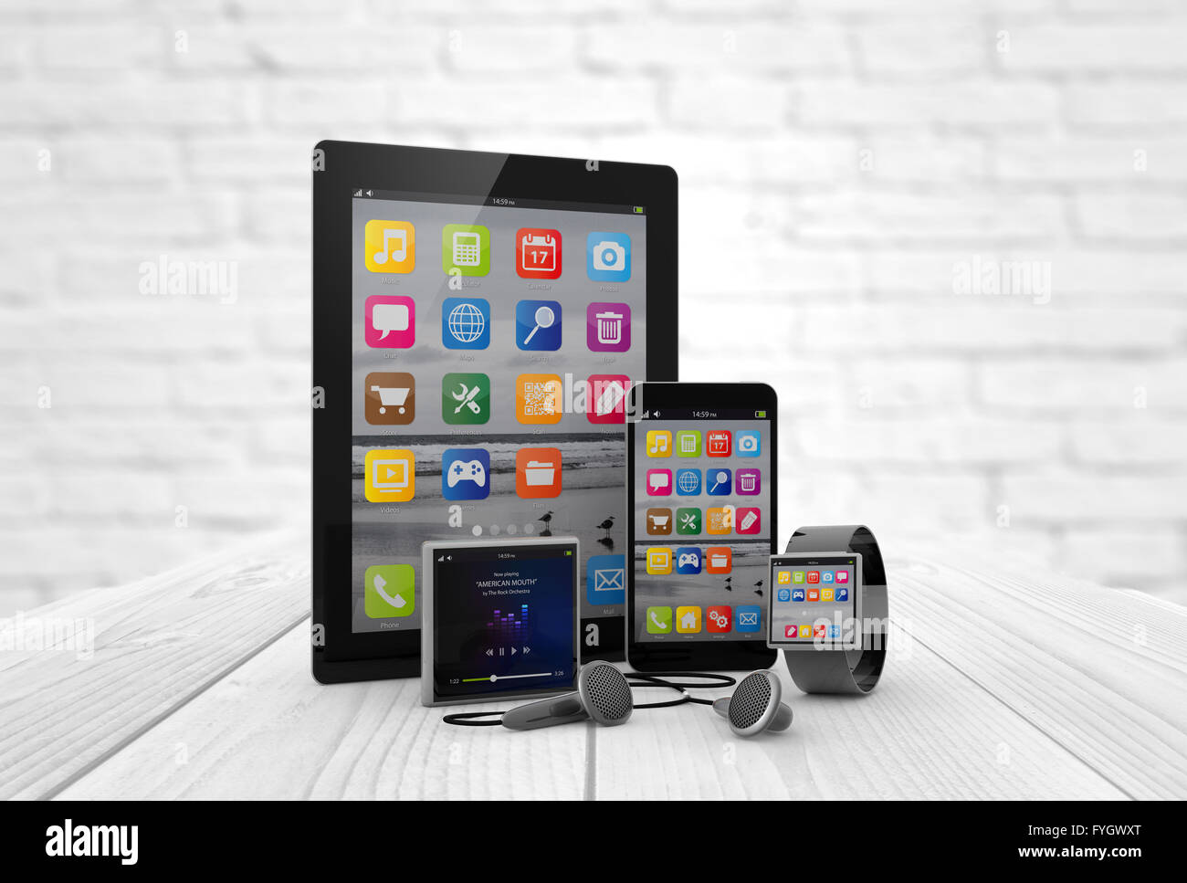 digital generated devices over white wooden desk. All screen graphics ...