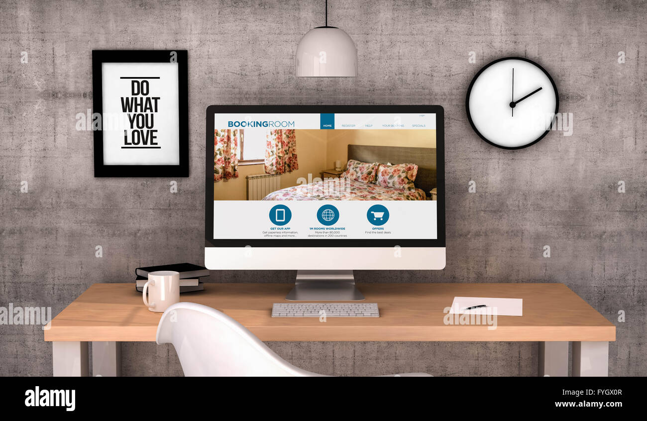 digital generated workspace desktop with booking website on screen ...