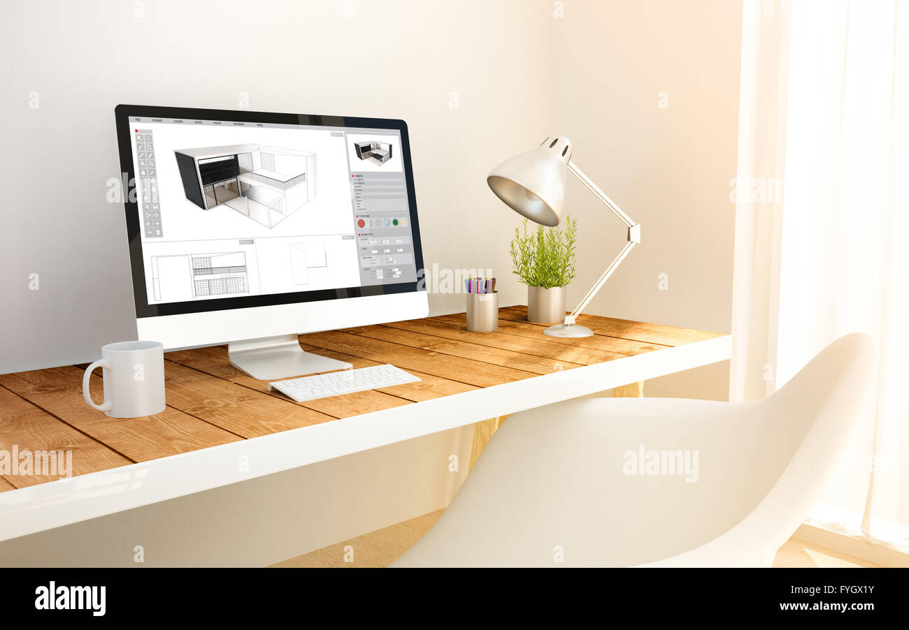 minimalist architechture workspace with infographic software on screen ...