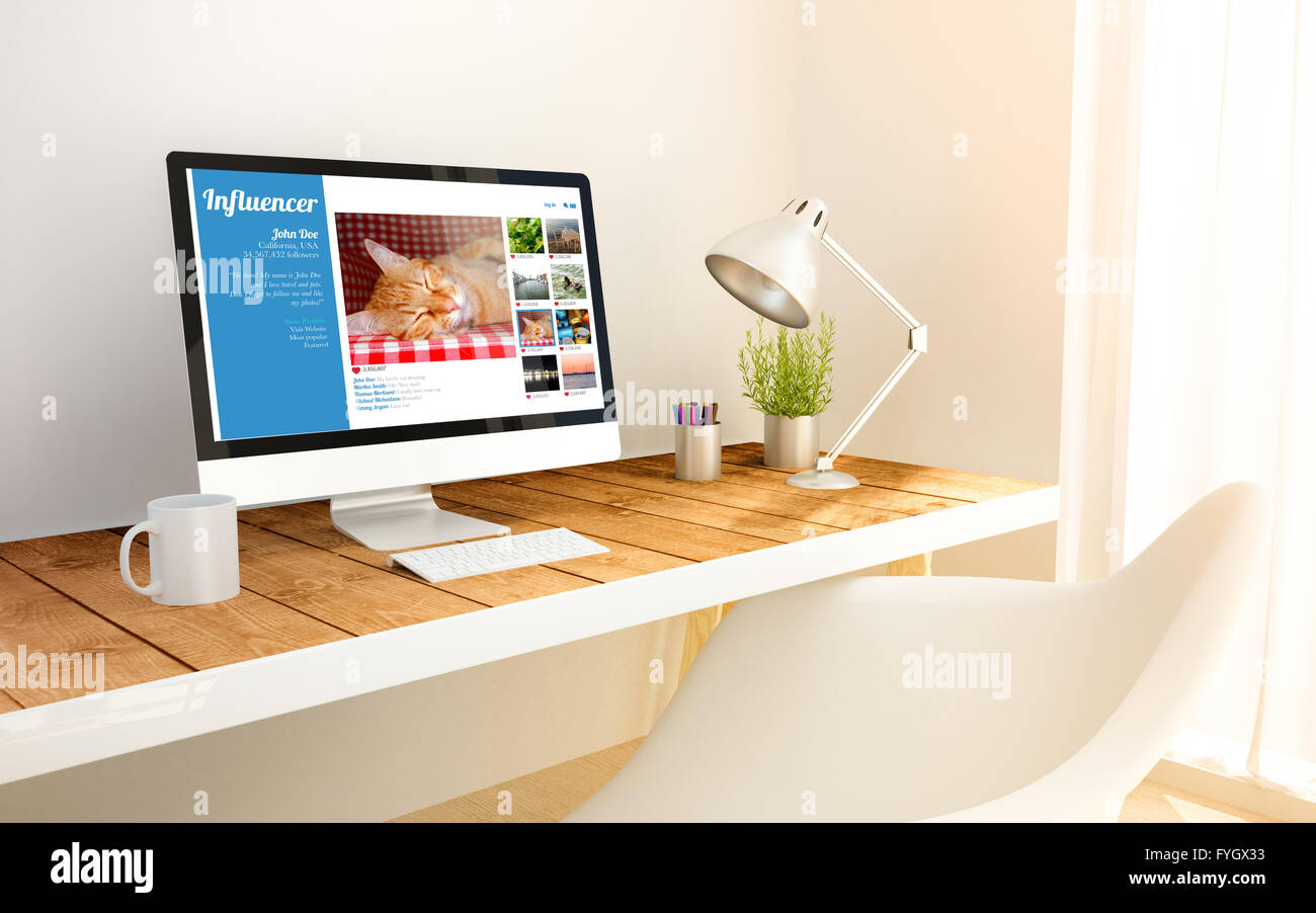3d generated minimalist workspace with influencer profile on screen ...