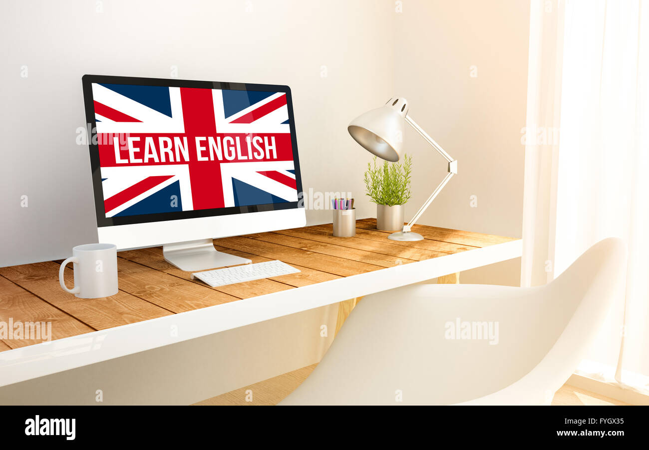 3d generated minimalist workspace with learn english computer screen computer and copyspace. 3d ...