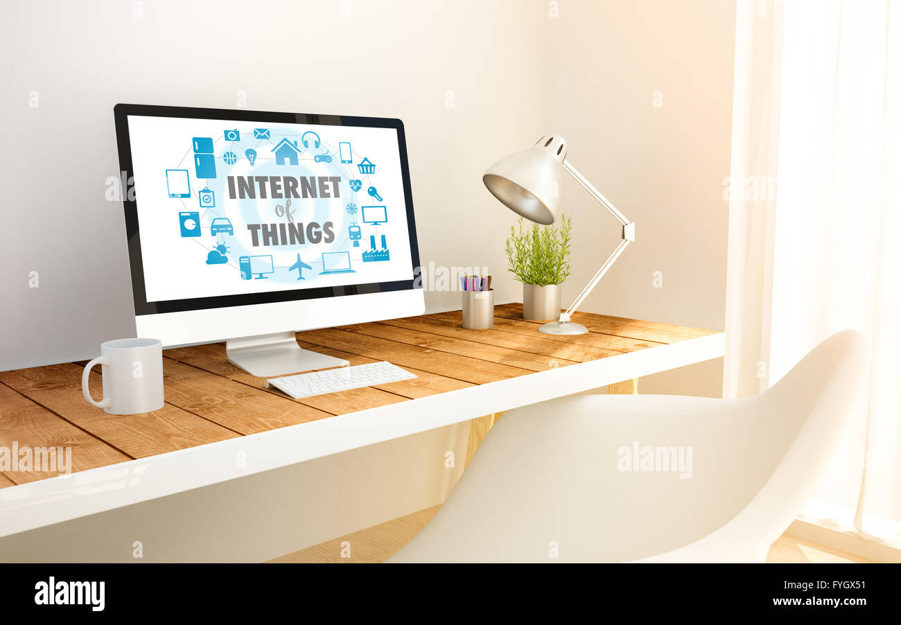 3d generated minimalist workspace with internet of things background screen computer and ...