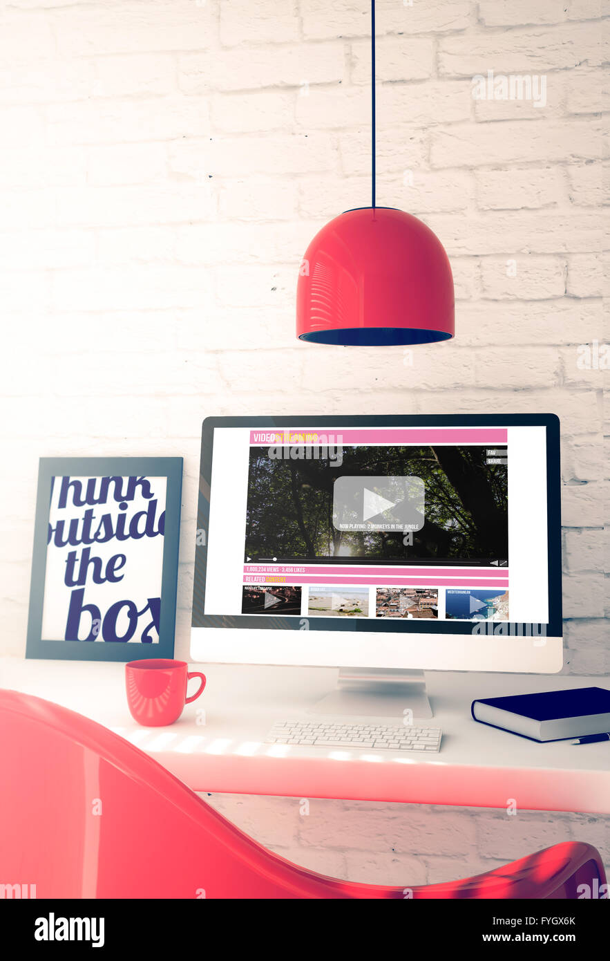 red workspace with blank screen computer. 3d illustration Stock Photo ...
