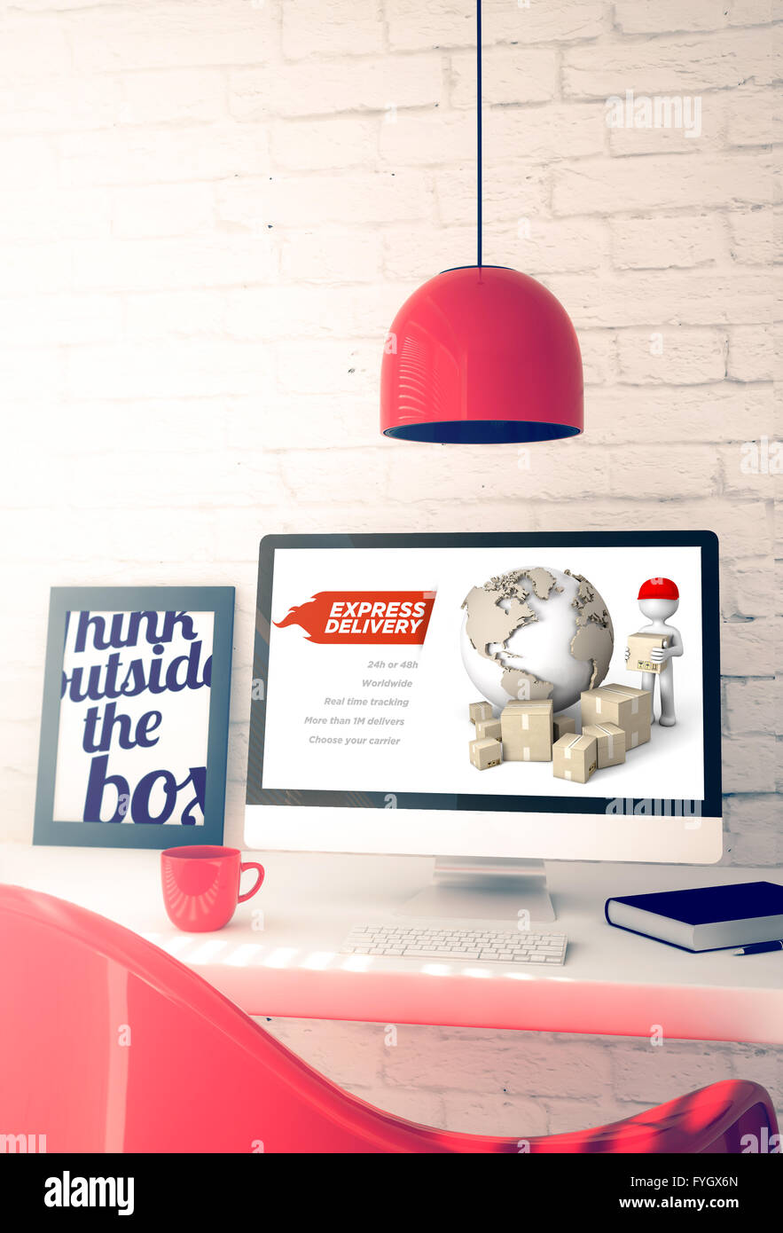 red workspace with express delivery computer. 3d illustration Stock ...