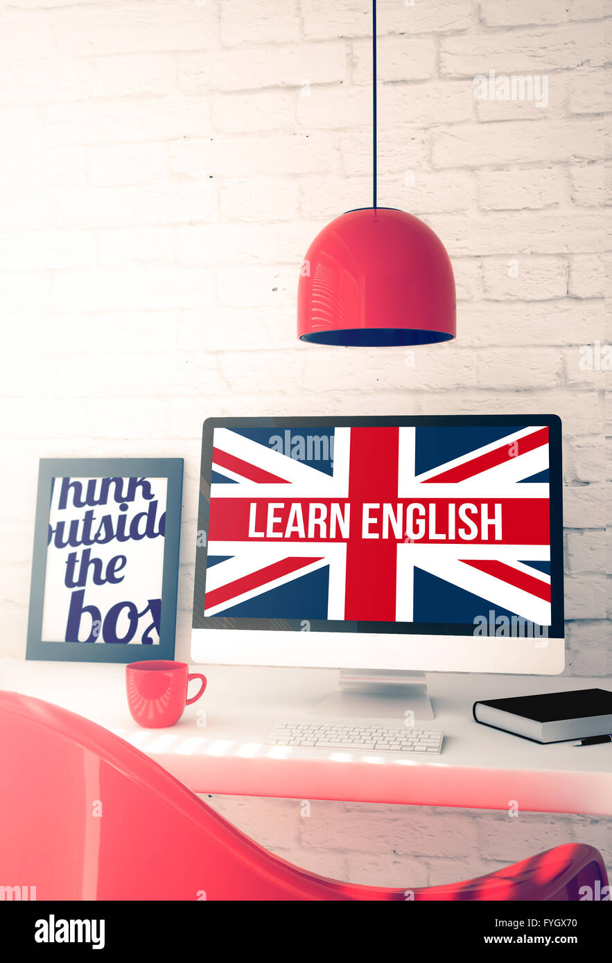red workspace with learn english computer. 3d illustration Stock Photo ...