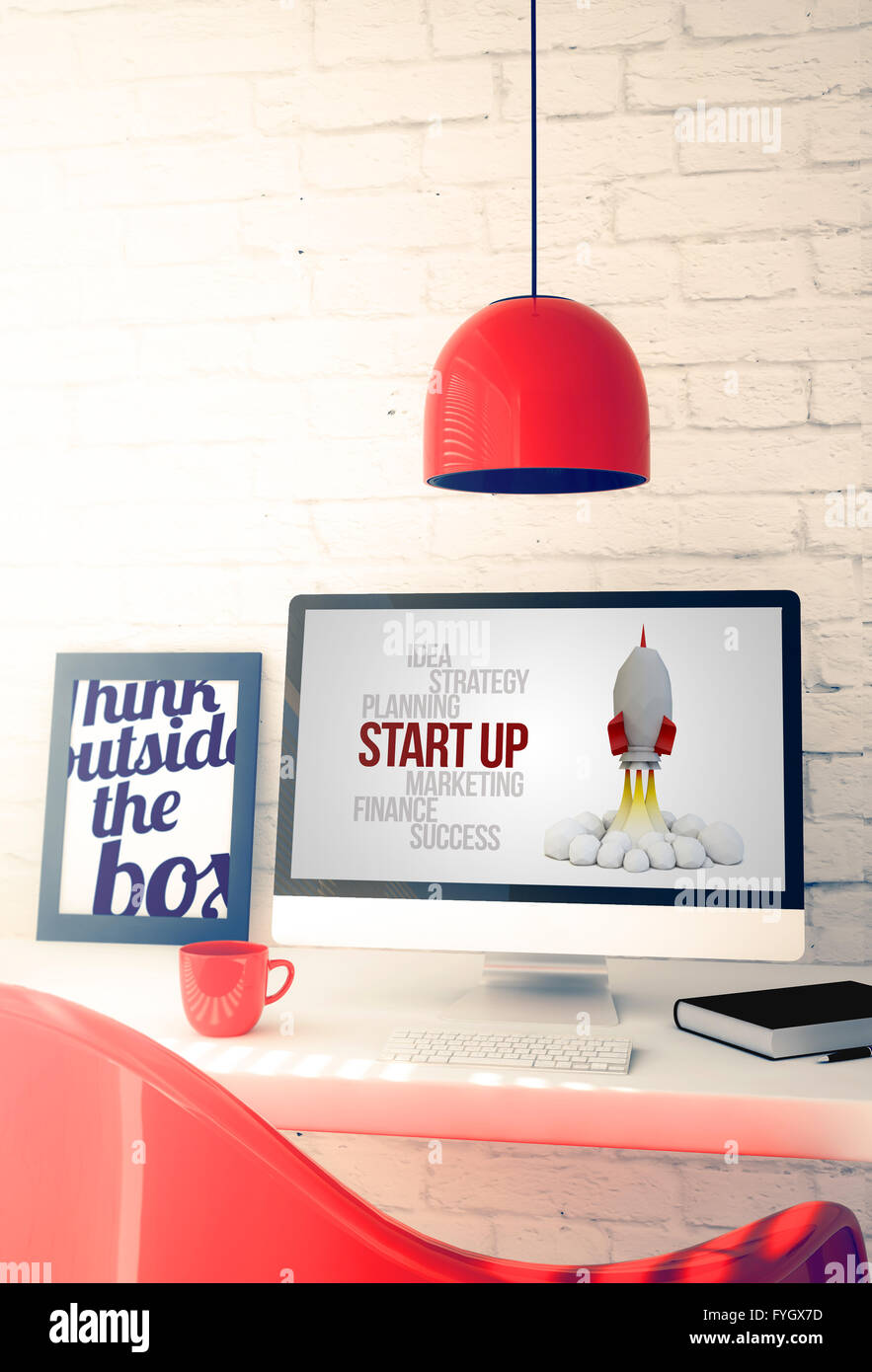 red workspace with start up computer. 3d illustration Stock Photo - Alamy