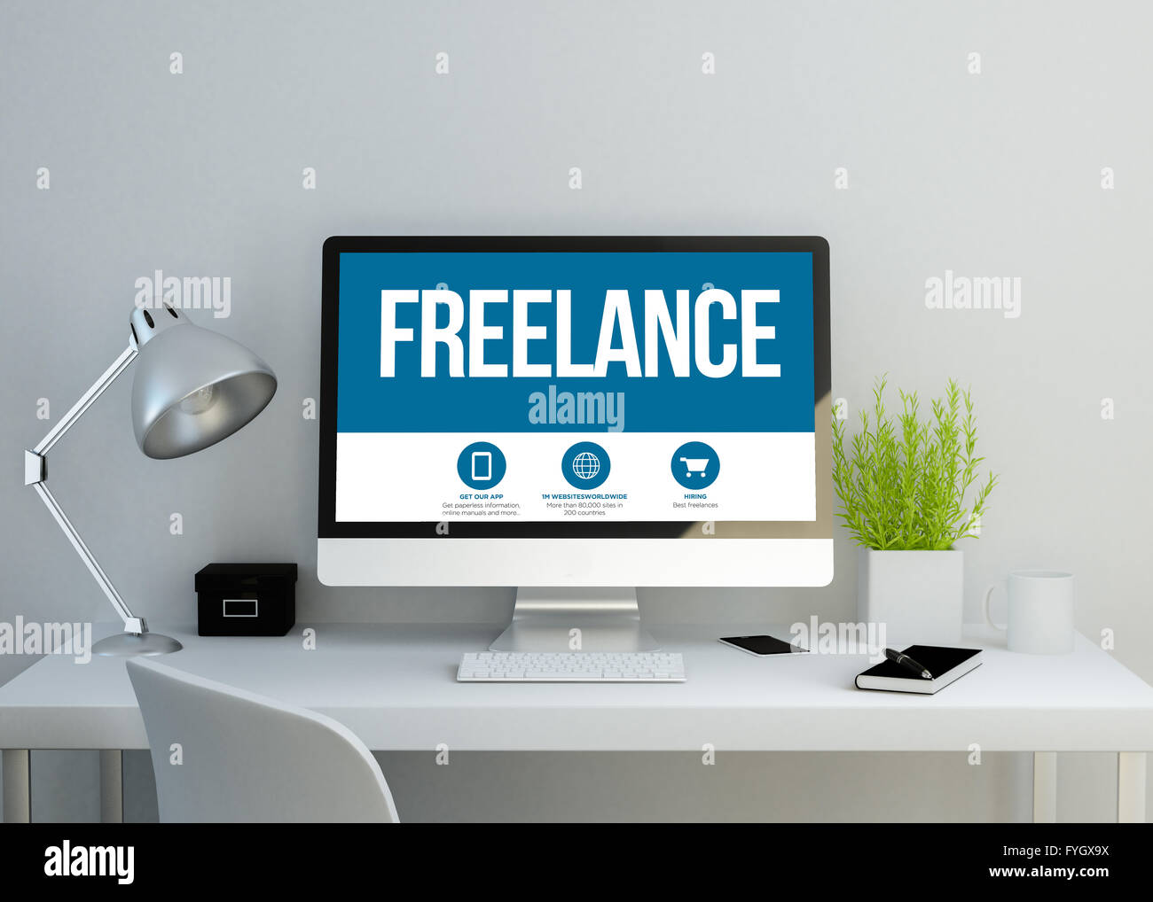 modern clean workspace showing freelance on screen. 3D illustration ...