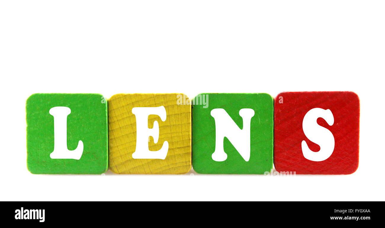 lens - isolated text in wooden building blocks Stock Photo - Alamy