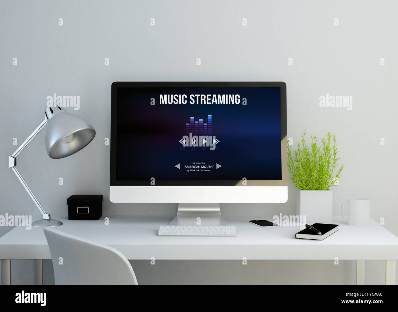 modern clean workspace mockup with music streaming website on screen ...