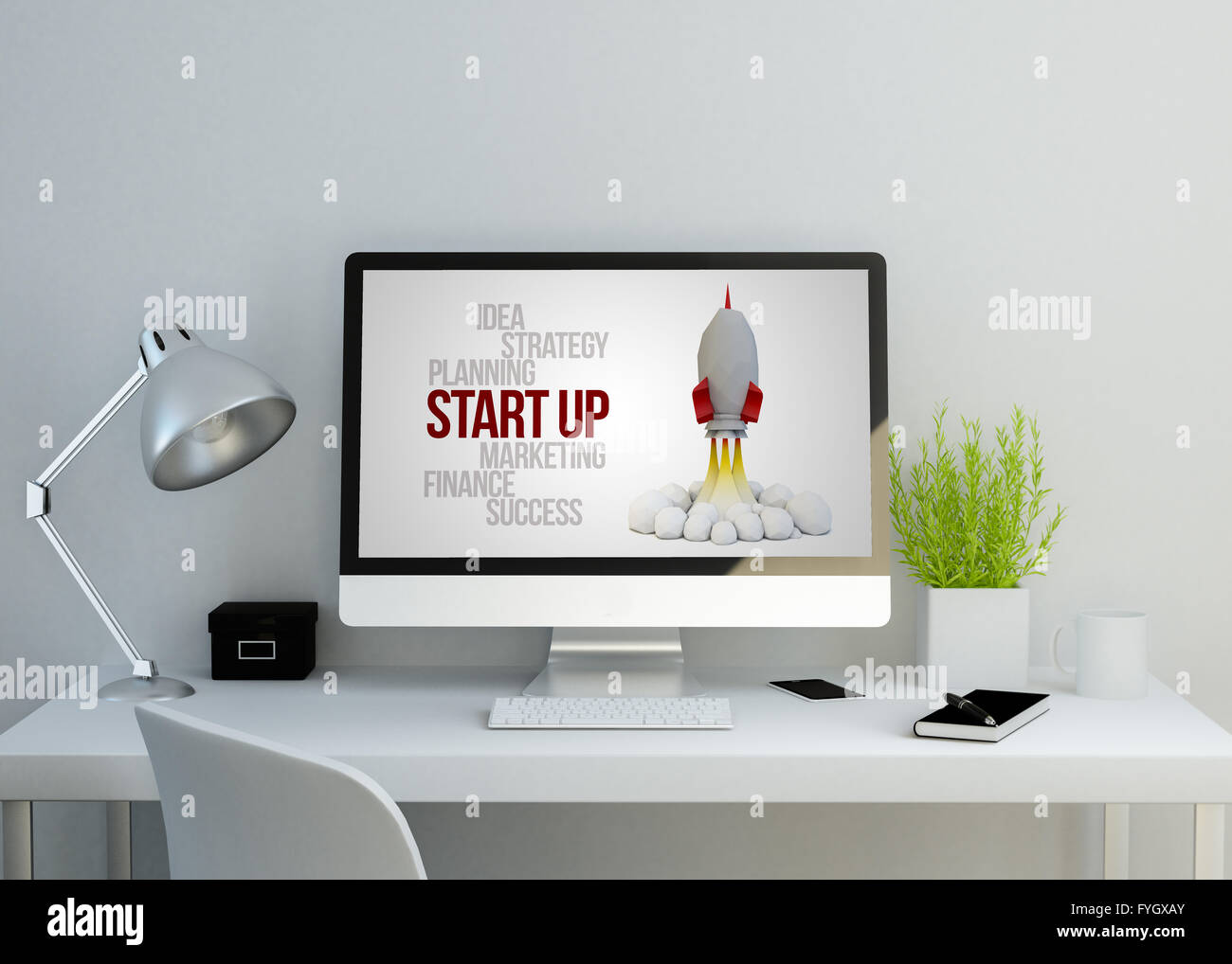 modern clean workspace showing start up. 3D illustration. all screen ...