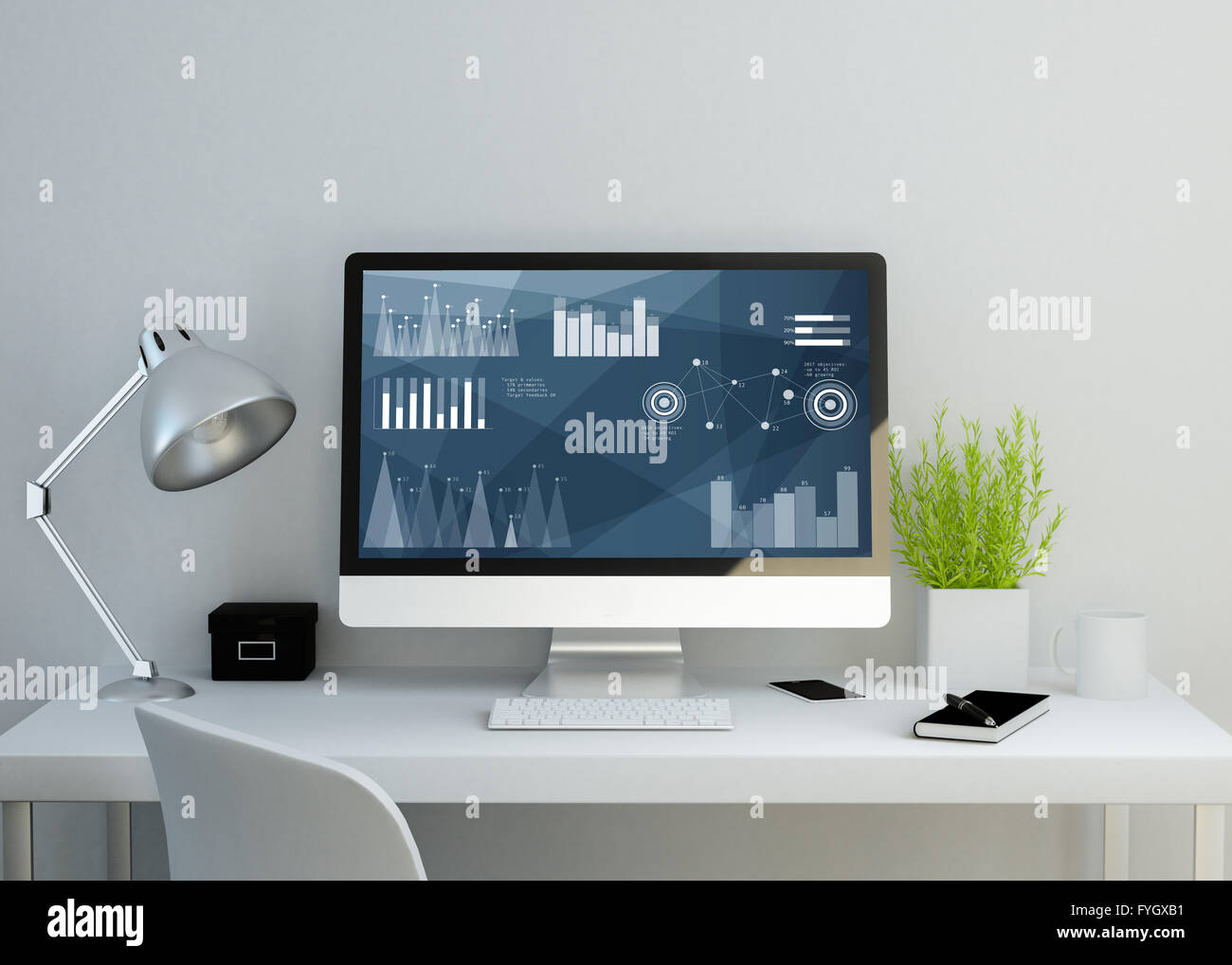 modern clean workspace mockup with stock data on screen. 3D ...