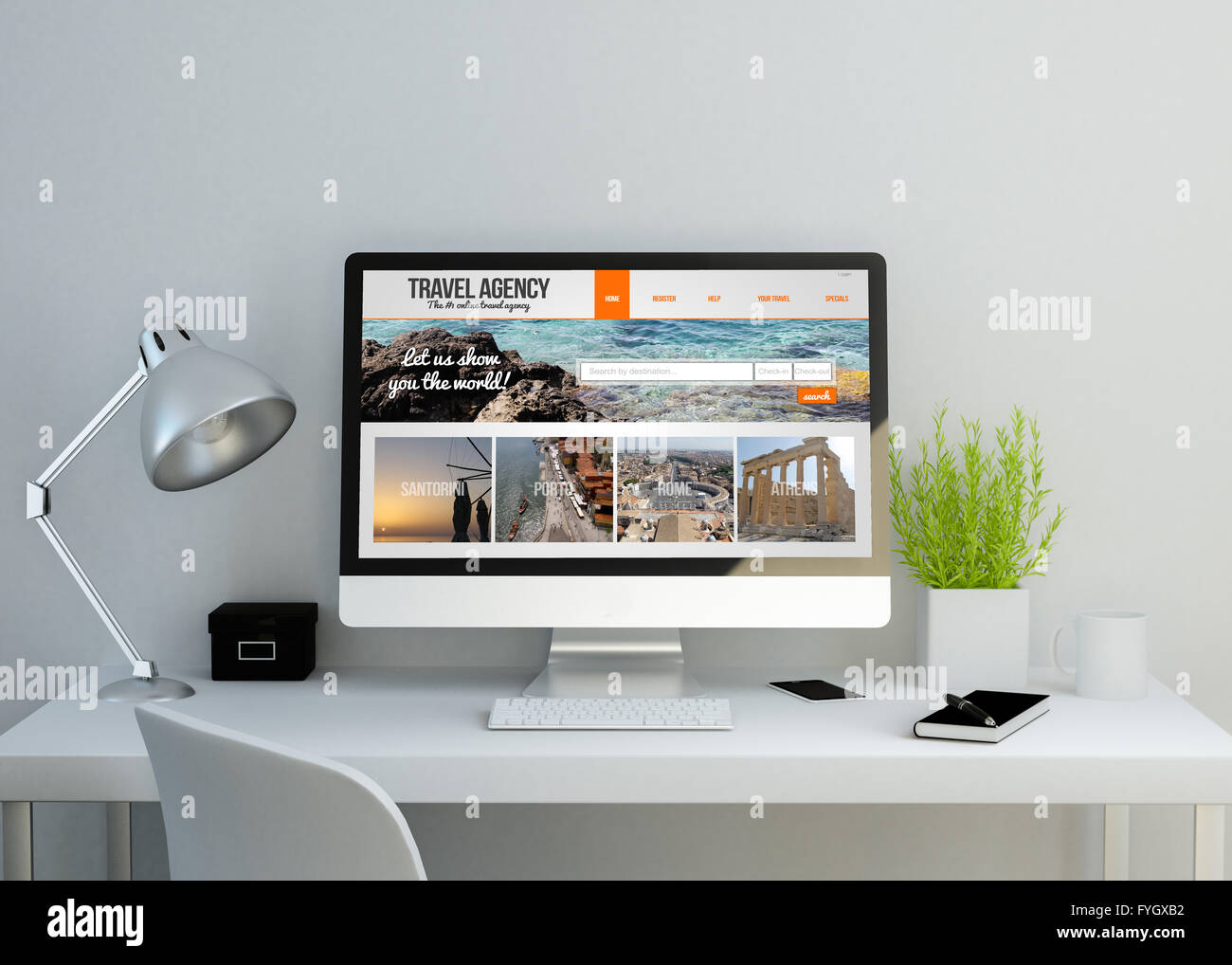 modern clean workspace mockup with travel agency website on screen. 3D ...