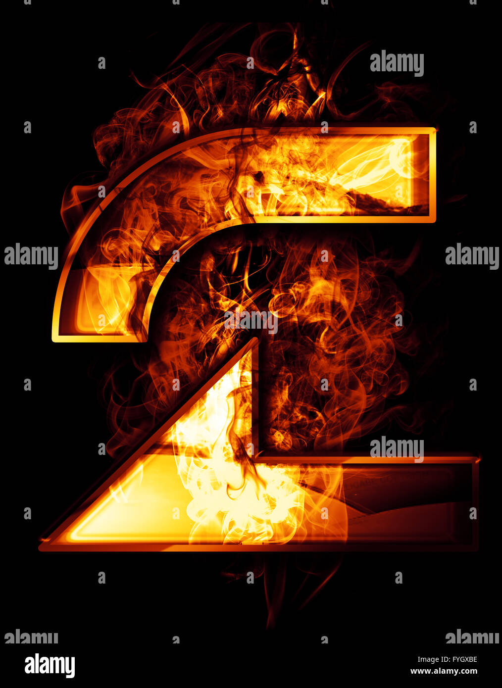 two, illustration of number with chrome effects and red fire on black ...