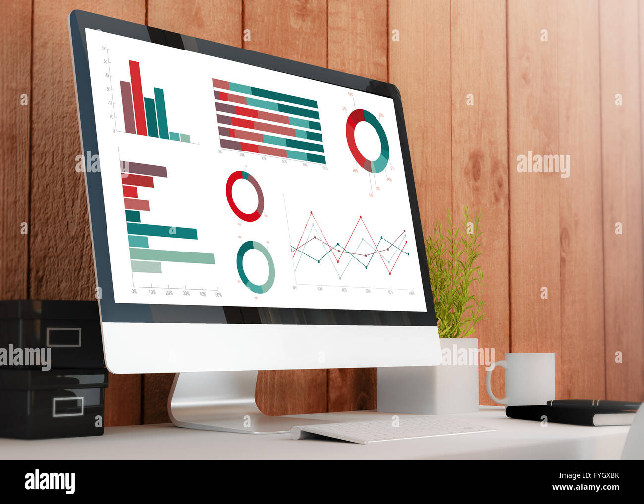 modern wooden workspace with computer showing graphs and charts. All ...