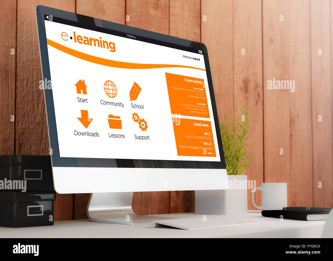 modern wooden workspace with computer showing elearning site. All ...