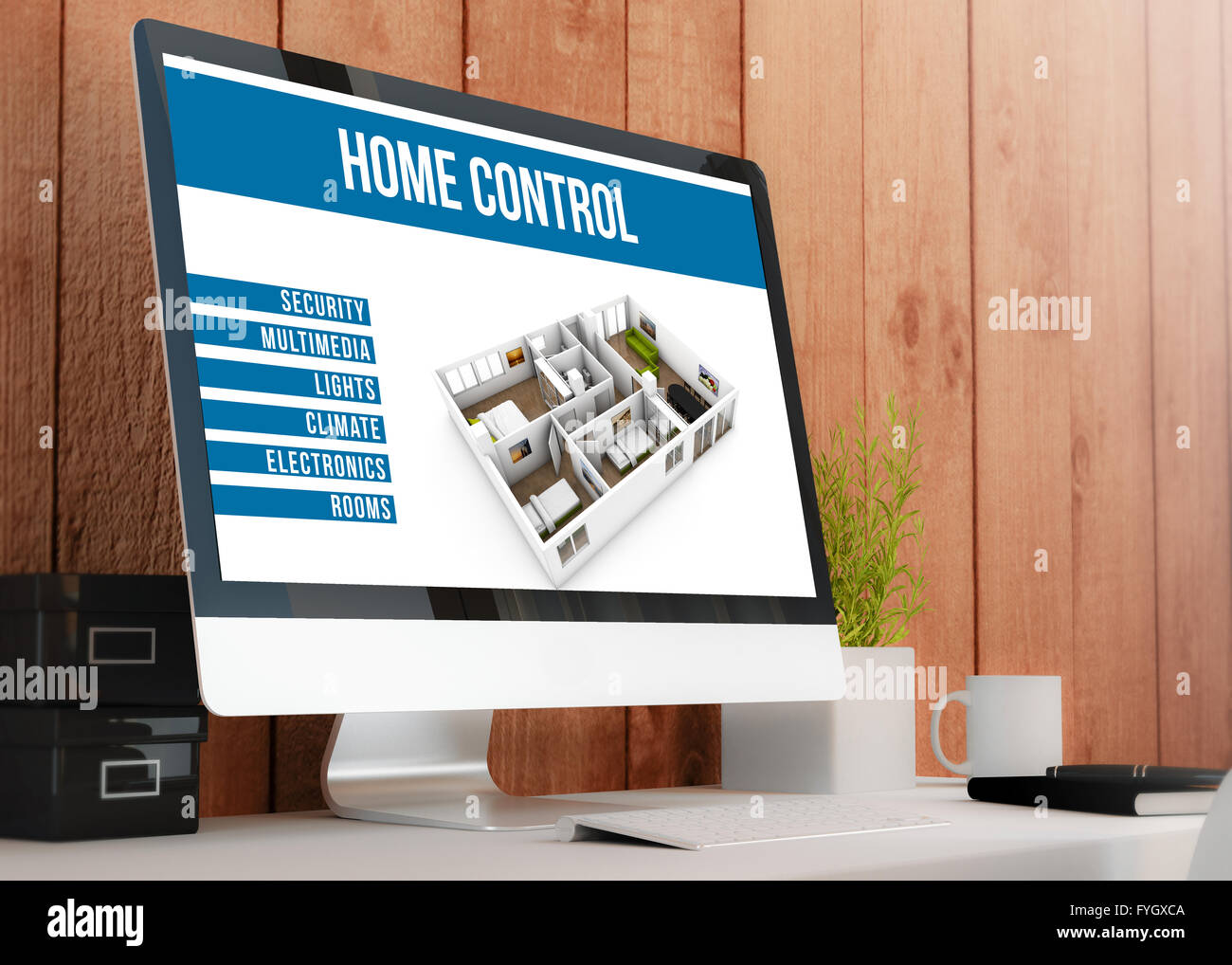 modern wooden workspace with computer showing home control software ...