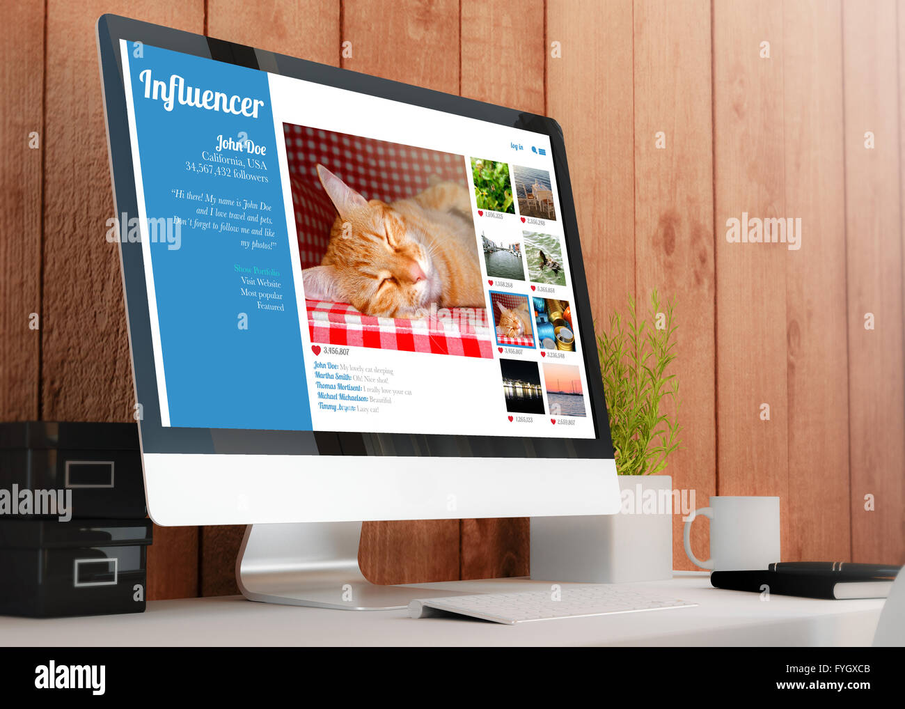 modern wooden workspace with computer. influencer profile on screen ...