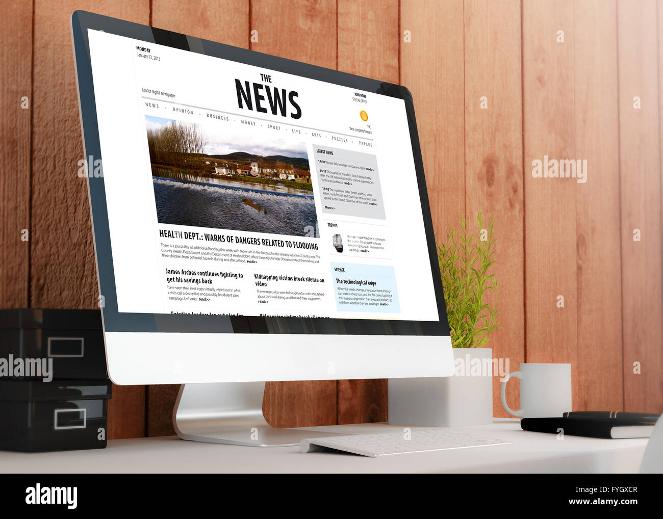 modern wooden workspace with computer showing news website. All screen ...