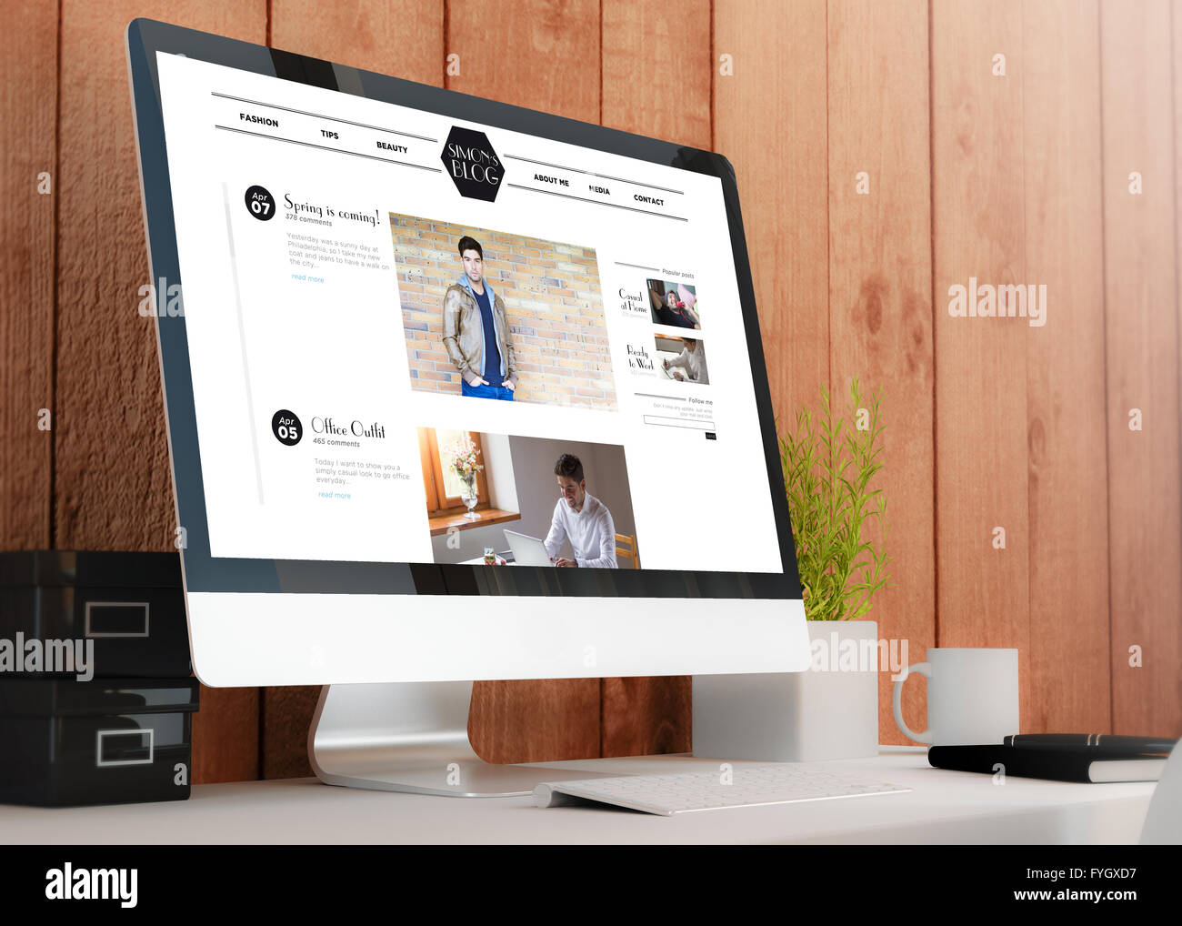 modern wooden workspace showing celebrity fashion blog . All screen ...